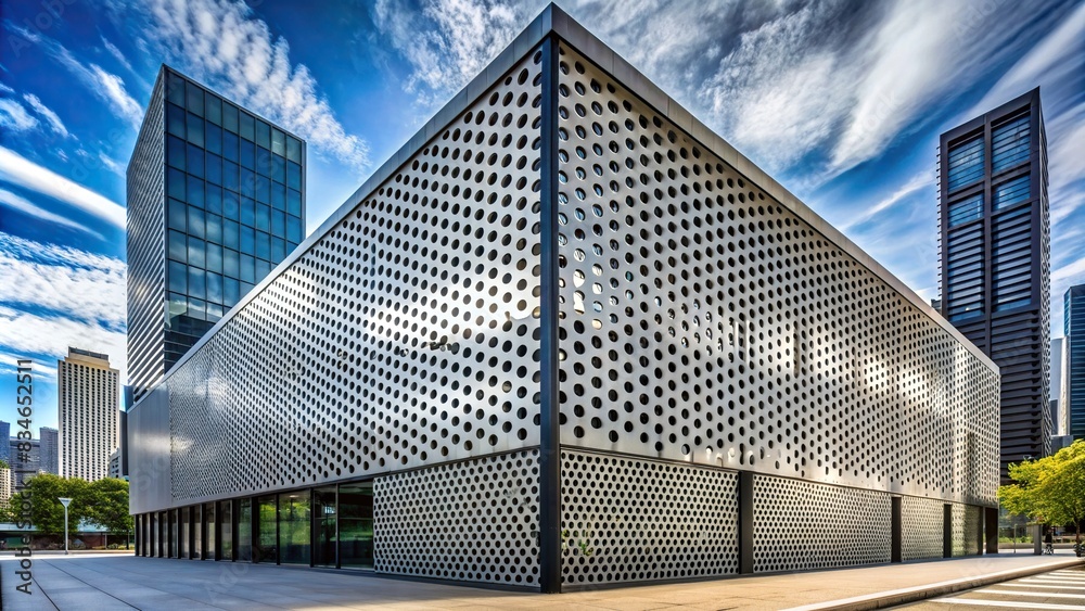 Exterior of modern building with perforated aluminium cladding facade ...