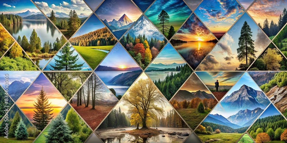 A artistic collage of nature images featuring trees, mountains, natural ...