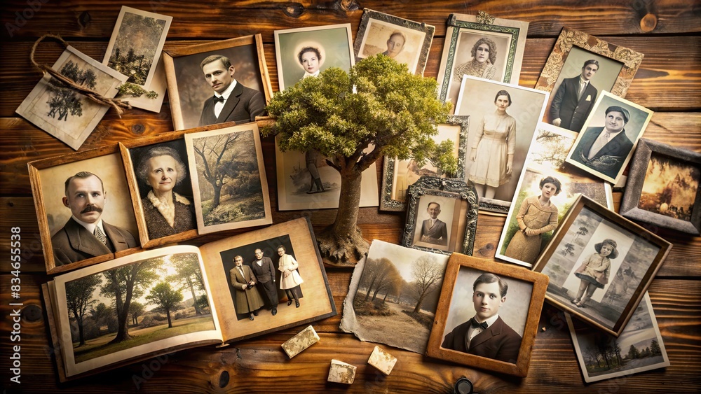 Vintage family tree exploration with old photographs, documents, and ...