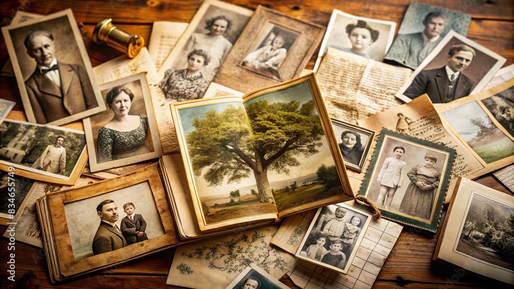 Vintage family tree exploration with old photographs, documents, and ...