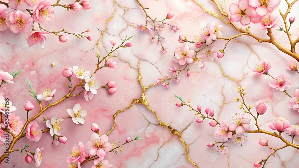 Elegant pink and white marble background with cherry blossoms and ...