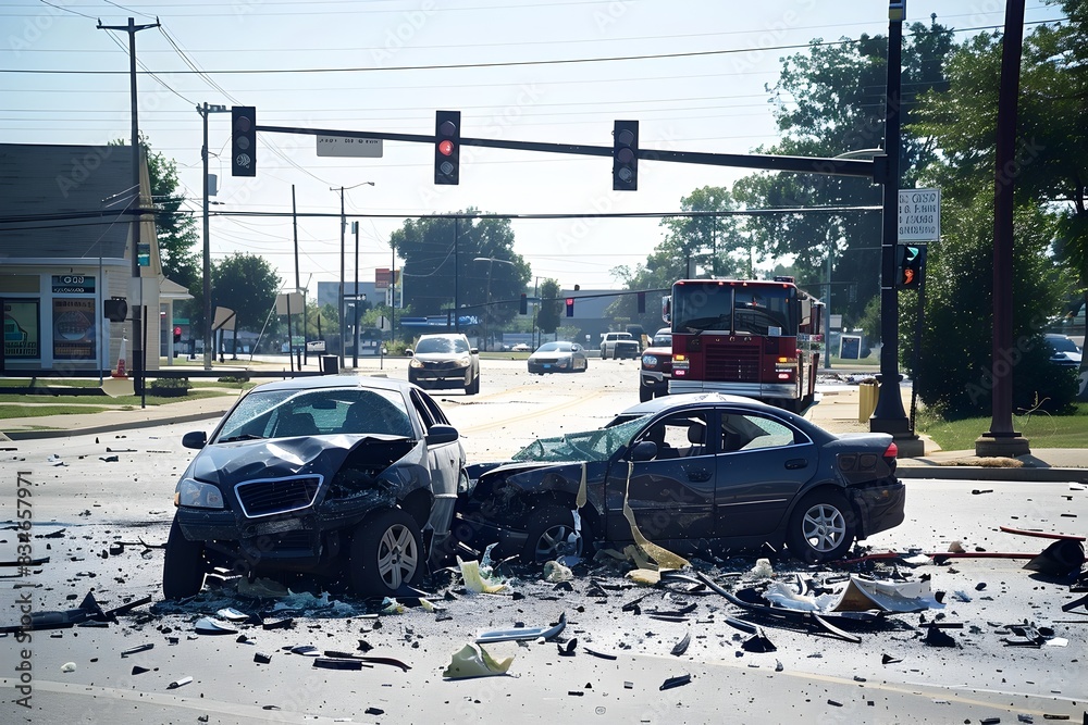 Dramatic Car Accident Scene at Busy Intersection with Visible Vehicle ...