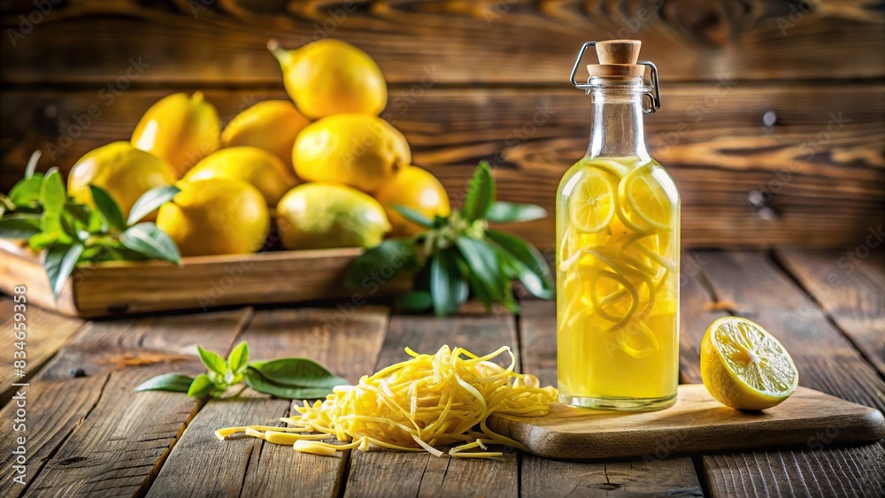 Bottle of Italian Limoncello made from lemon peels on a rustic wooden ...