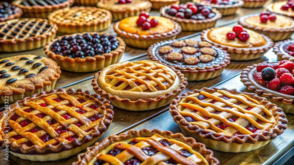 Assorted fruit pies displayed on a bakery counter , bakery, pie, fruit ...