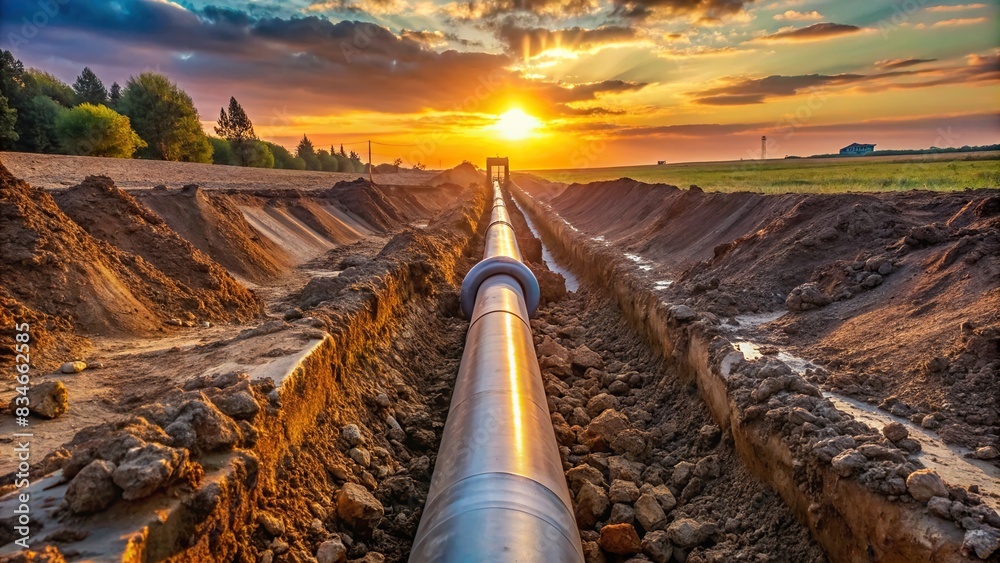 Metal pipe in trench filled with dirt at sunset, symbolizing pipeline ...