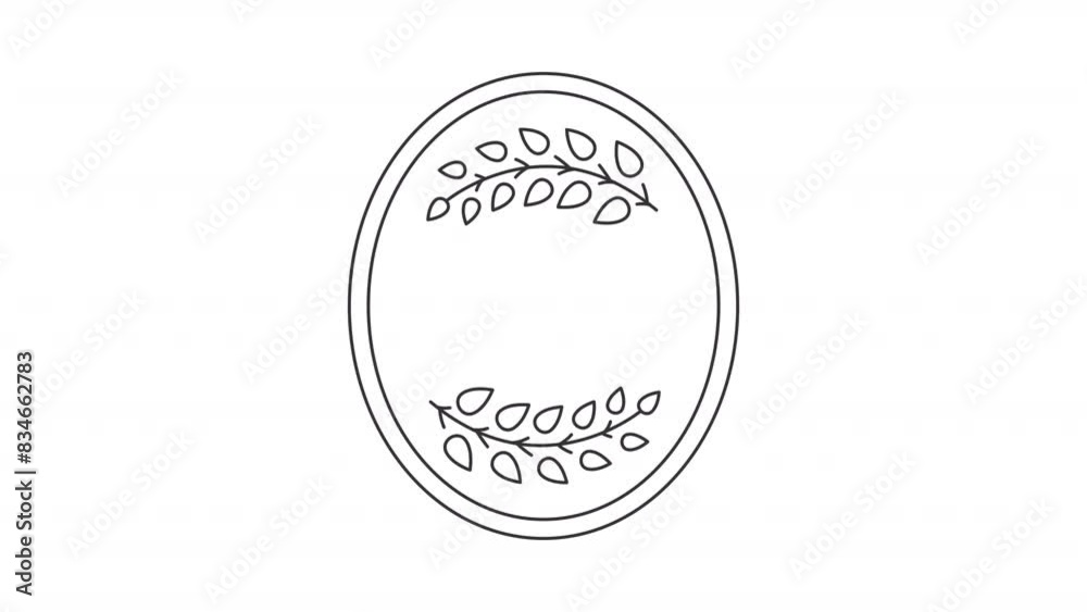 Animated ornamental frame icon. Oval frame with branches line animation ...