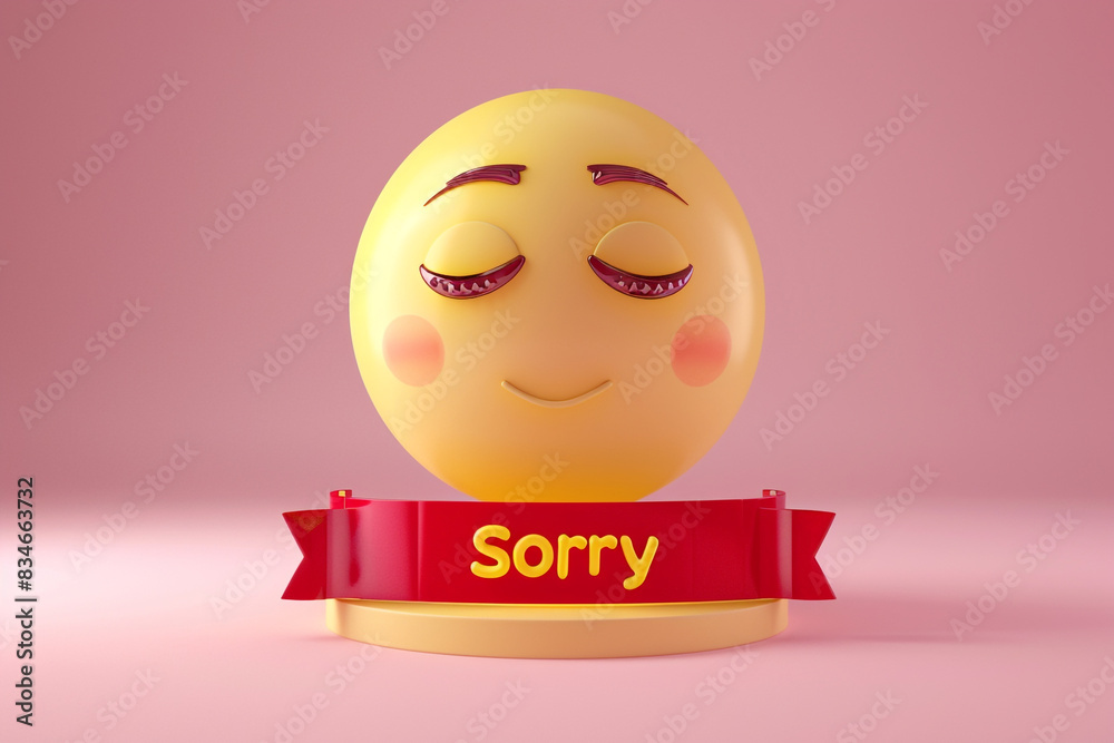 Design a 3D luxury yellow emoji with a penitent face. Below, a red ...