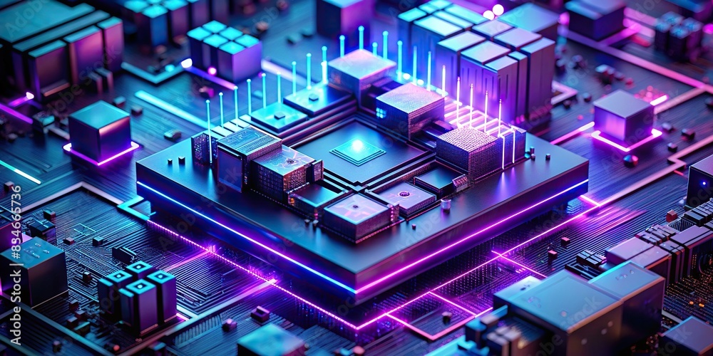 Abstract motherboard structure illuminated with purple and blue neon ...