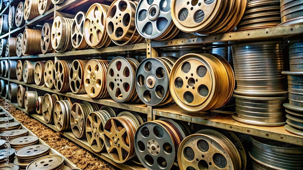 Vintage film reels stacked in storage , vintage, film, reels, storage ...