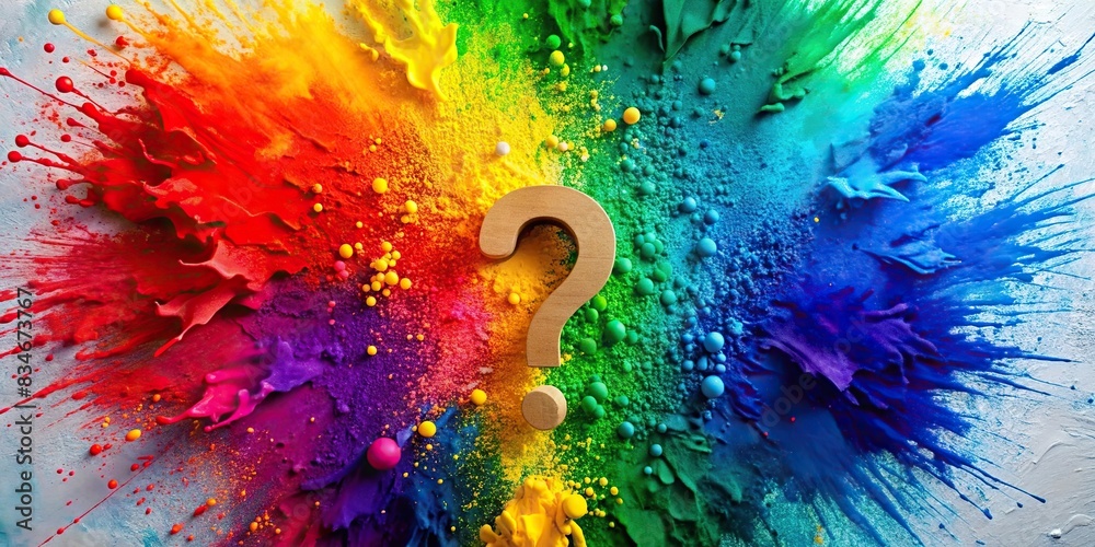 Colorful paint splash with question mark in vibrant rainbow colors ...