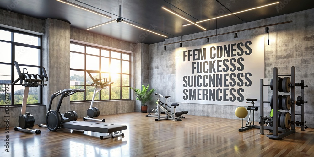 Fitness background with equipment and motivational quotes on the wall ...