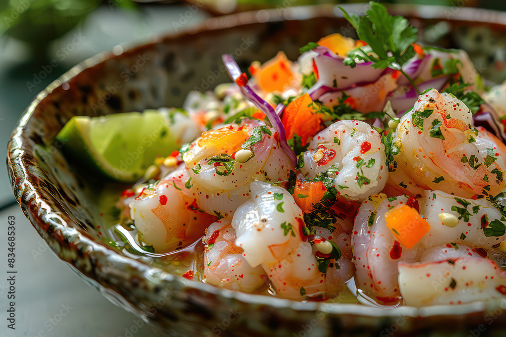 Peruvian ceviche dish, fresh shrimp seafood with vegetables, coastal ...