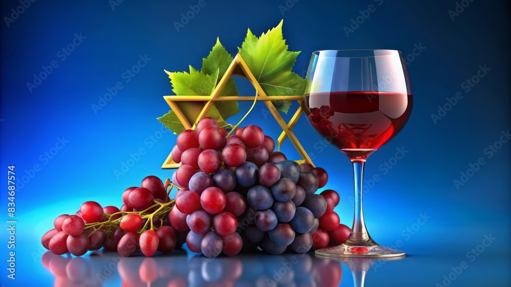 Vibrant red grapes, star of david, and elegant wine glass adorn a ...