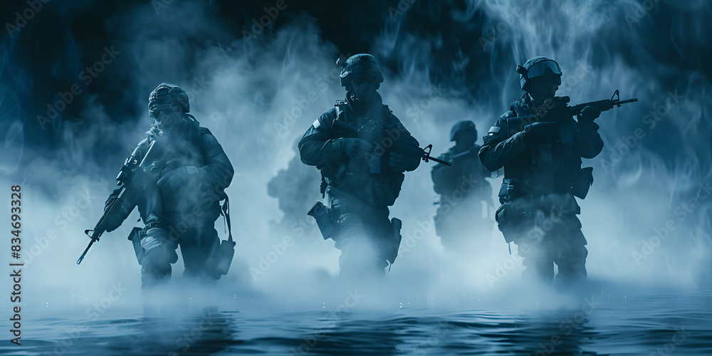 Military soldier squad battle scene, action shooter battle game cover ...