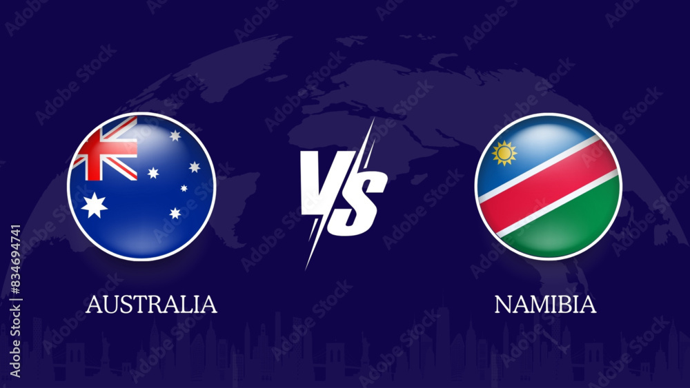 Australia vs Namibia flag, world map and building skyline use for t20 ...