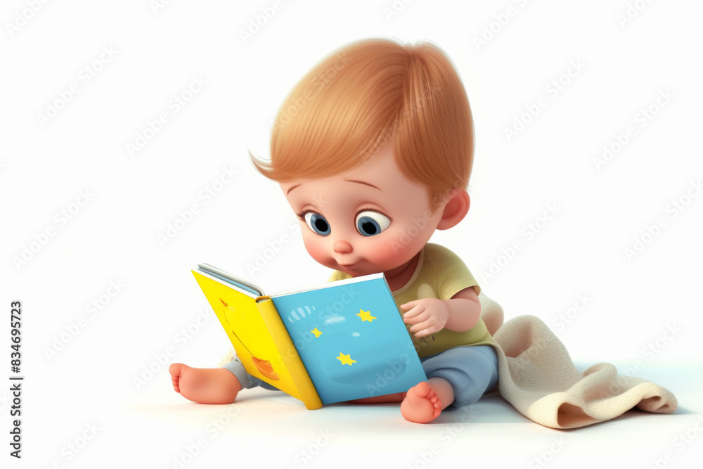 Cartoon volumetric 3d newborn baby reading book. Isolated bright ...