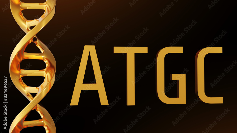 3d rendering of Gold ATGC letters background. Adenine, thymine ...