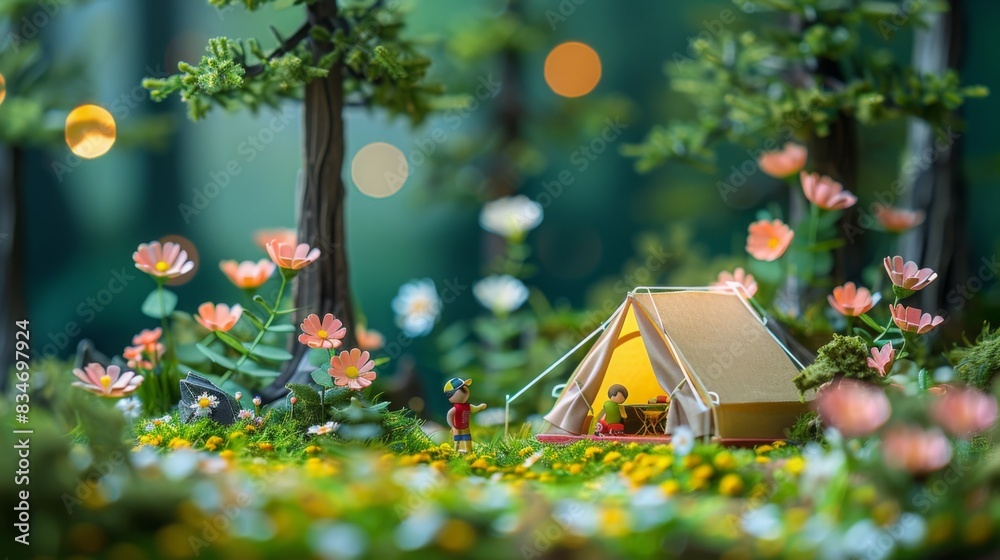 Whimsical 3D Miniature Camping Scene with Pink and White Flowers, Green ...