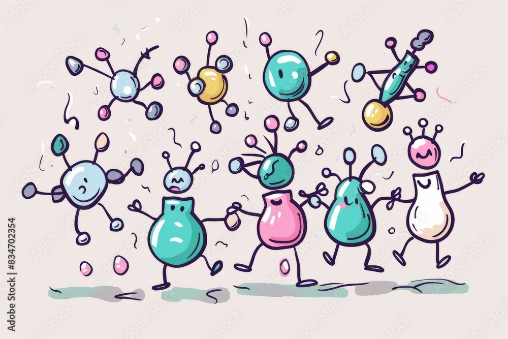 Cartoon cute doodles of a group of molecules having a dance party in a ...