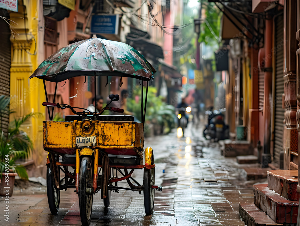Busy city street, traditional rickshaw maneuvering through narrow ...