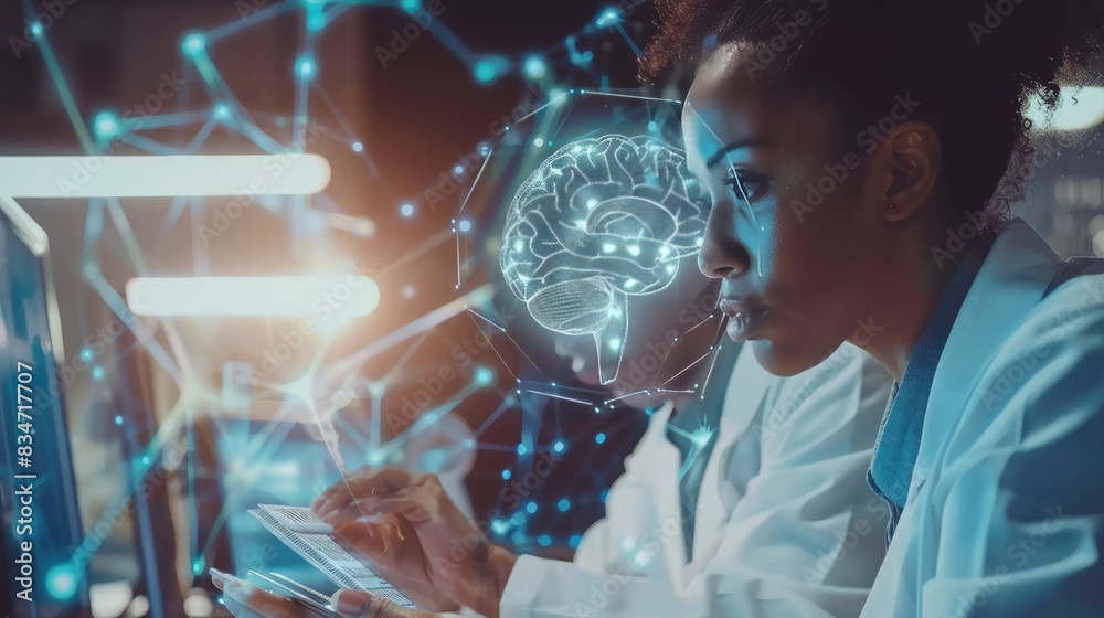 Doctors working on VFX hologram of human brain and nervous system in ...