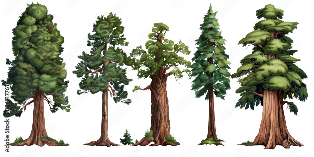 A digital illustration featuring five tall redwood trees with various ...