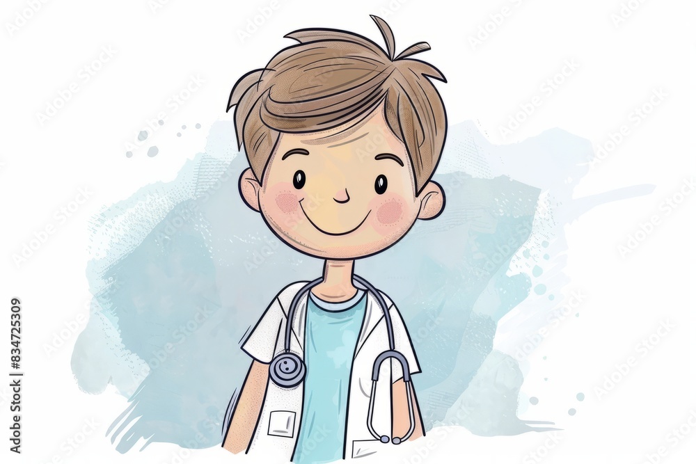 Cartoon cute doodles of a smiling doctor with a stethoscope around ...