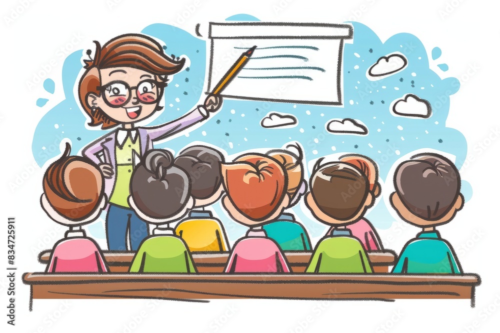 Cartoon cute doodles of a teacher with glasses and a pointer stick ...
