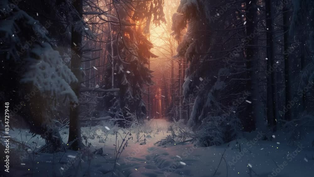 mystical winter forest with snow in dark mysterious forest. seamless ...