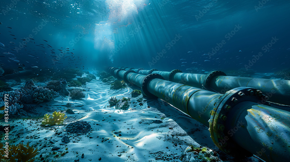 A long pipe is underwater with fish swimming around it. Concept of ...