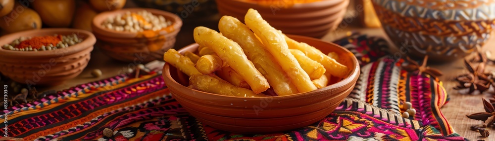 Peruvian yuquitas fritas, fried cassava sticks, served with a spicy ...