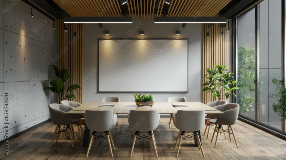 Business meeting room interior with modern furniture and whiteboard for ...