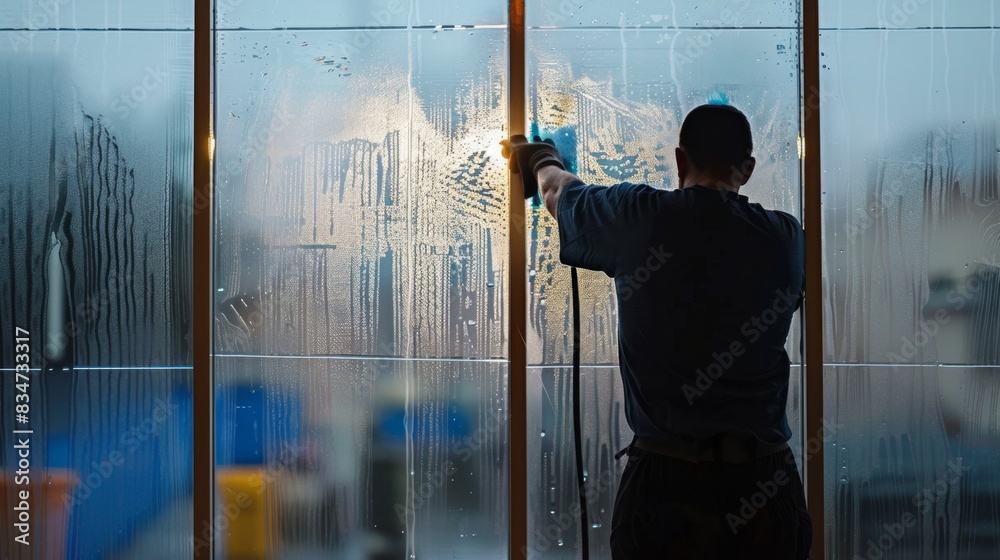 Working at height, cleaners are cleaning the windows outside the ...
