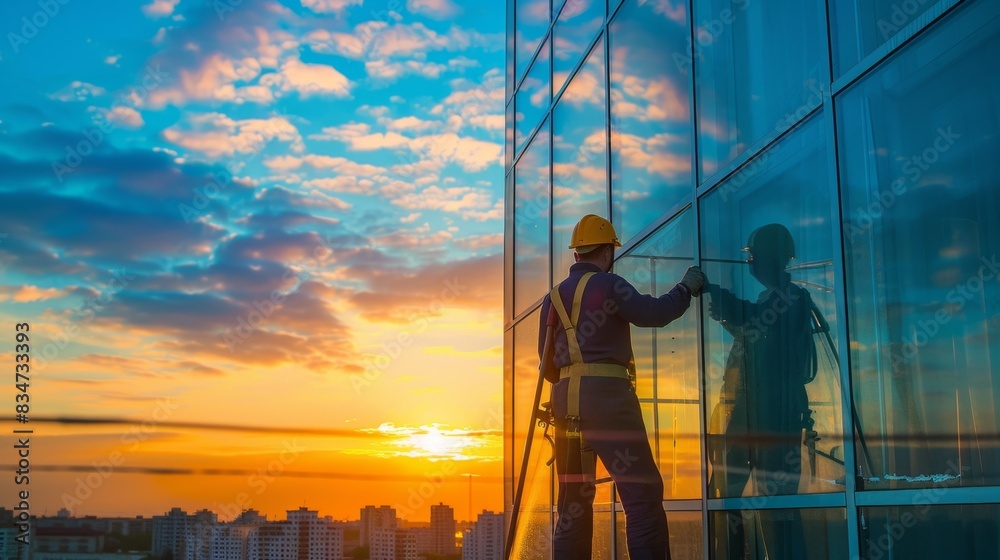 Working at height, cleaners are cleaning the windows outside the ...