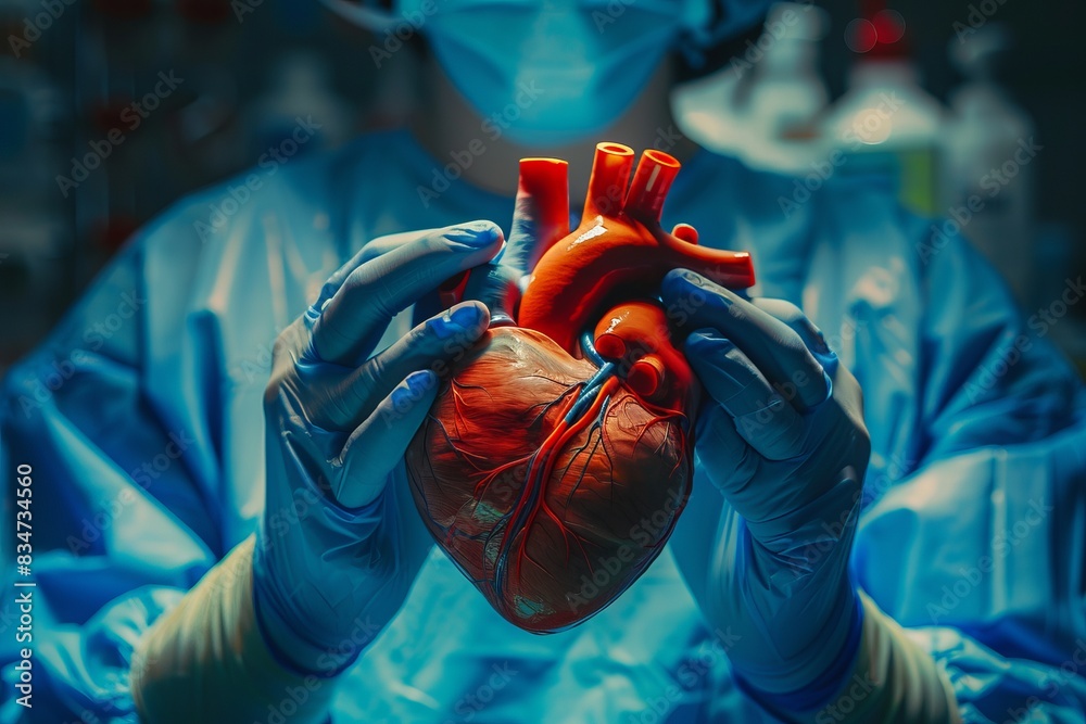 Surgeon preparing for a heart surgery, focusing on preparation close up, cardiac theme, surreal ...