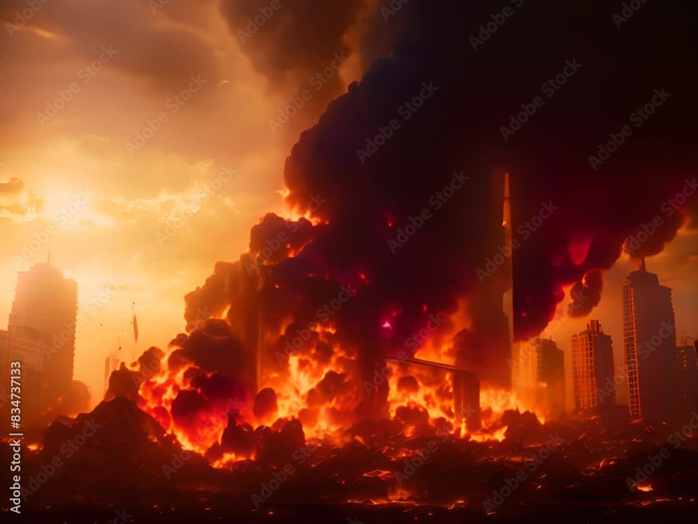 Collapsing Skyscrapers, Apocalyptic Scene, Fire Explosions in Modern ...