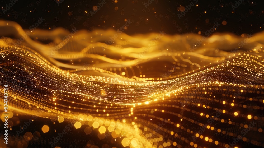 Digital Gold Particles Wave and light abstract background with shining ...