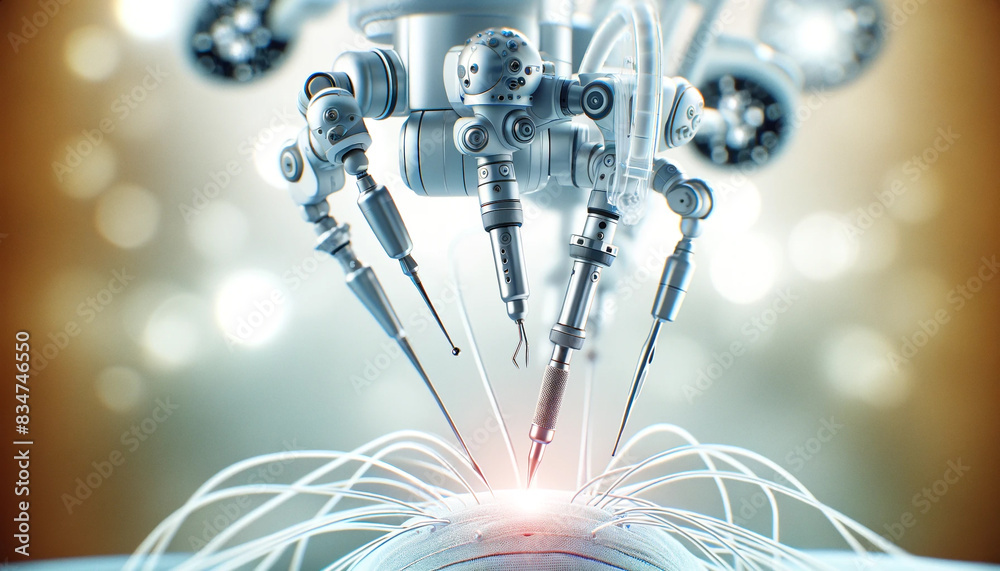 A robot is performing a surgery on a human body. The robot has four ...