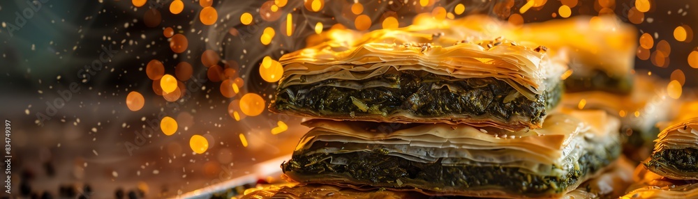Spanakopita, Greek spinach pie in flaky phyllo pastry, outdoor market ...