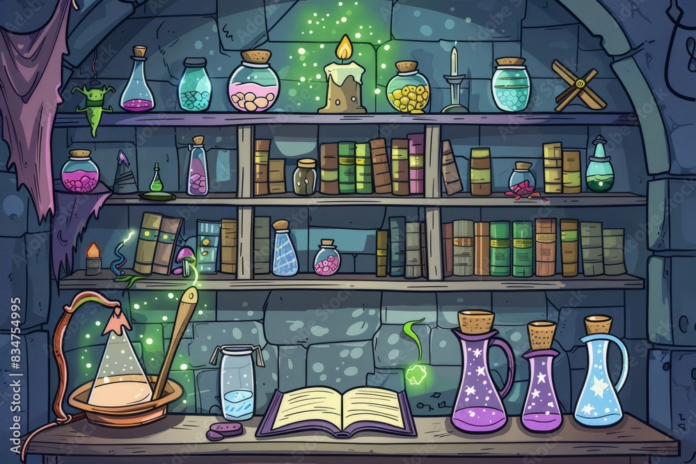 Cartoon cute doodles of a magical school where young wizards learn ...