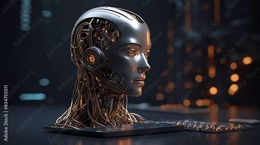 An Artificial intelligence chat bot head placed on a processing circuit ...