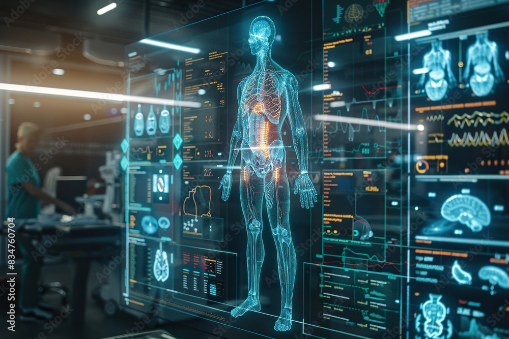 Medical HUD screen user interface with human body hologram in ...