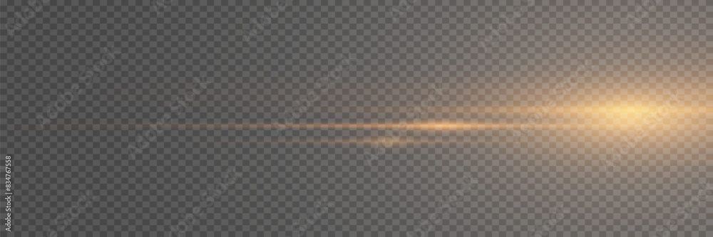 Golden line of light. Glowing glare, horizontal beam. On a transparent ...