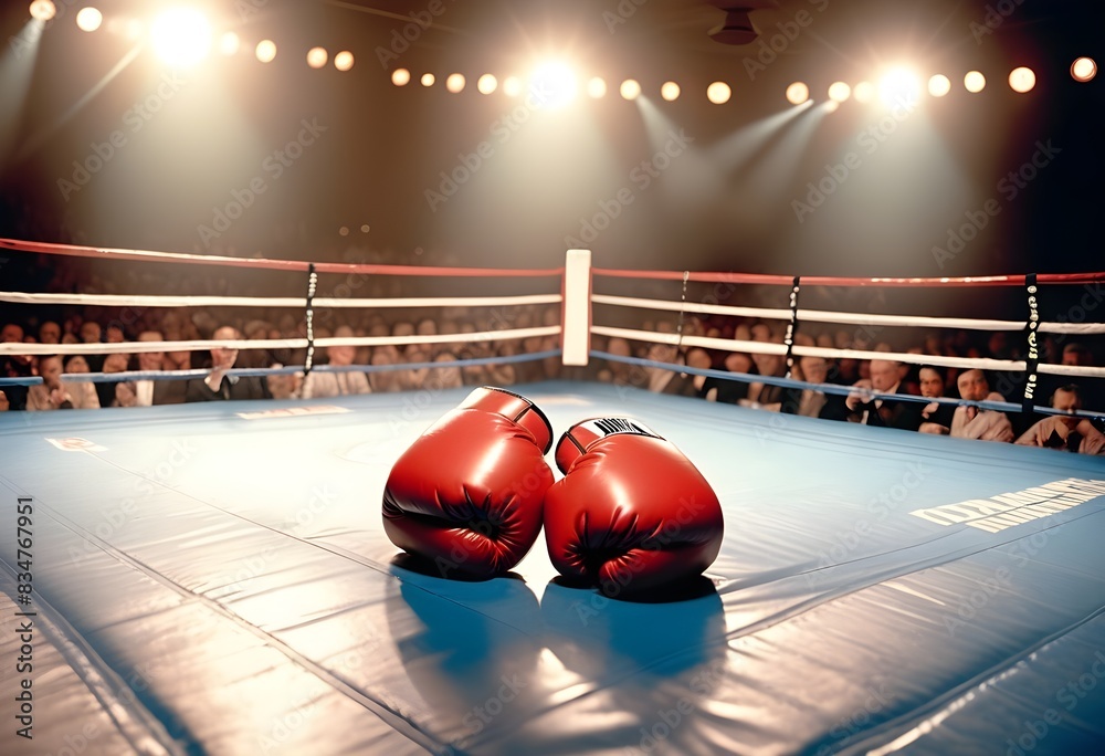 Classic boxing ring with spotlights Shining light on the center of the ...