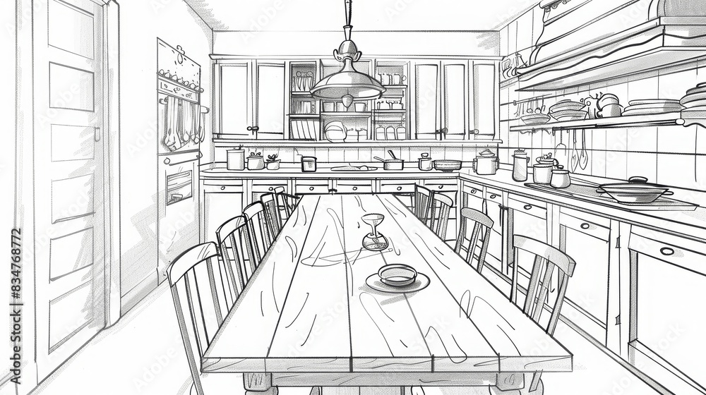 Hand-drawn sketch of a rustic kitchen with dining table, chairs, and ...