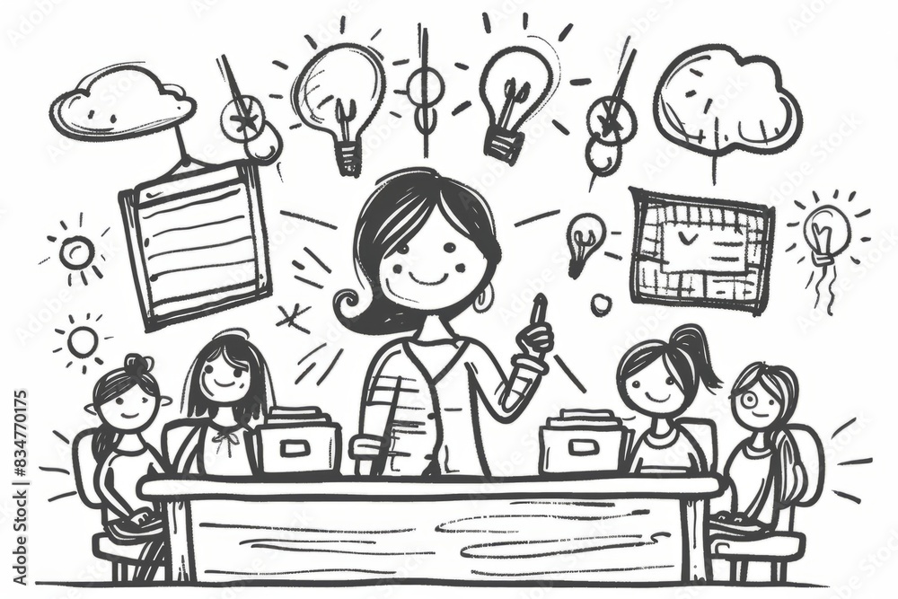Cartoon cute doodles of a teacher leading a classroom lesson ...