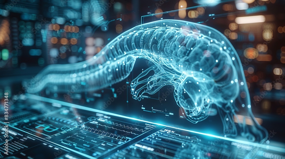 A clean and clear medical x-ray HUD hologram displaying a detailed ...