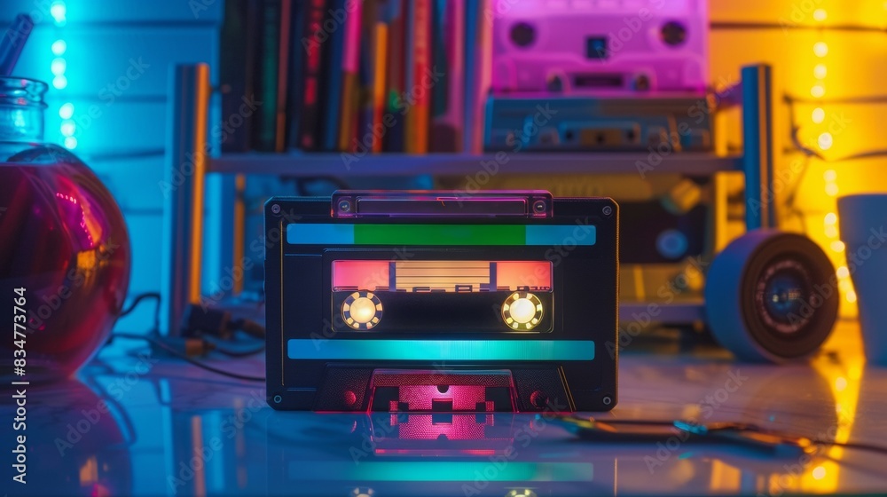 Compact cassette laid on a desk, backdrop with a spectrum of vivid ...