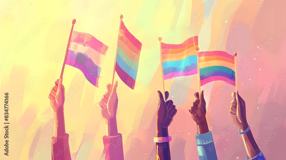 An illustration of raised hands holding pride flags representing ...