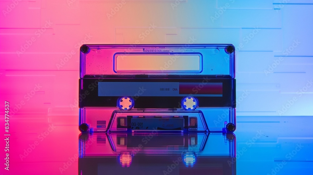 Compact cassette laid on a desk, backdrop with a spectrum of vivid ...